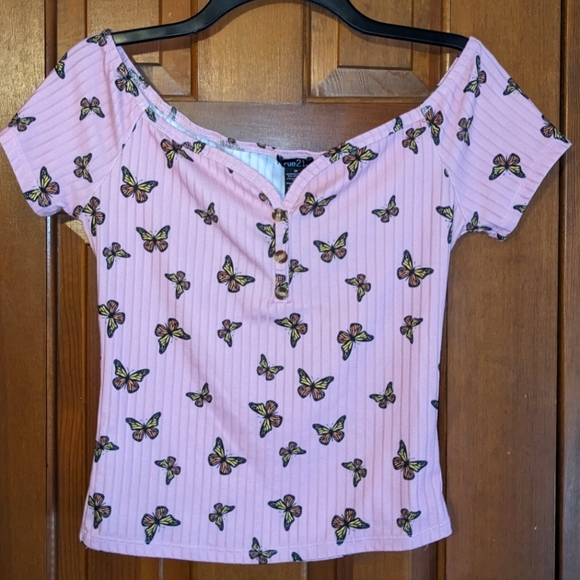 Rue21 | Tops | Cute Butterfly Off The Shoulder Pink Button Down Top ...